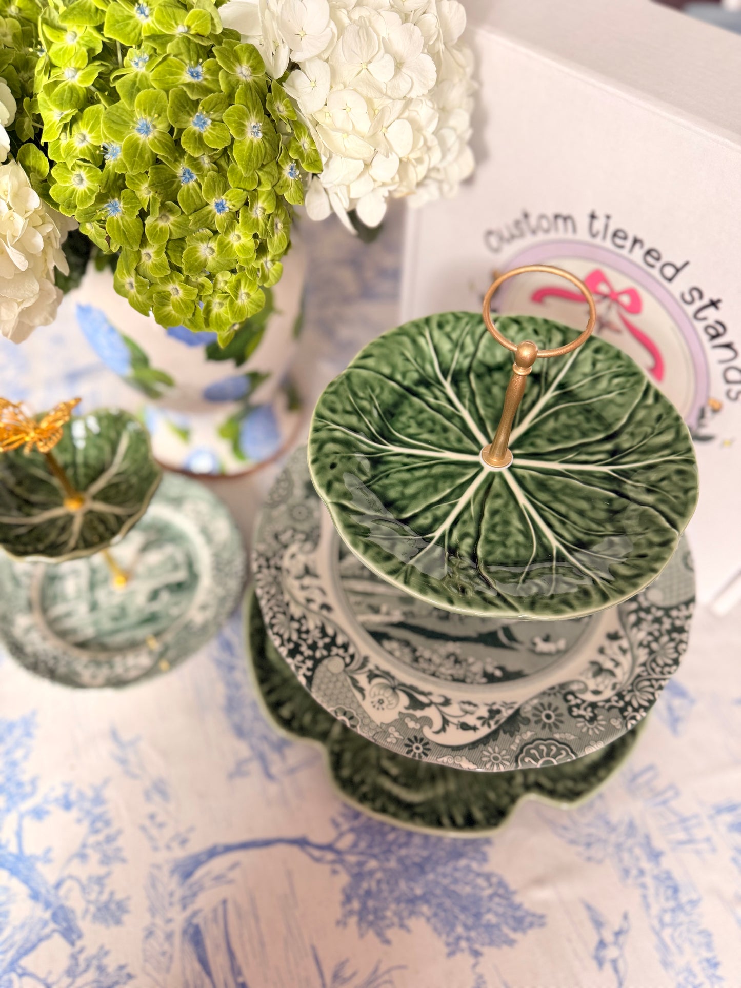 Spode Green Italian and Bordallo Cabbage Three Tiered Stand (12 inch b ...