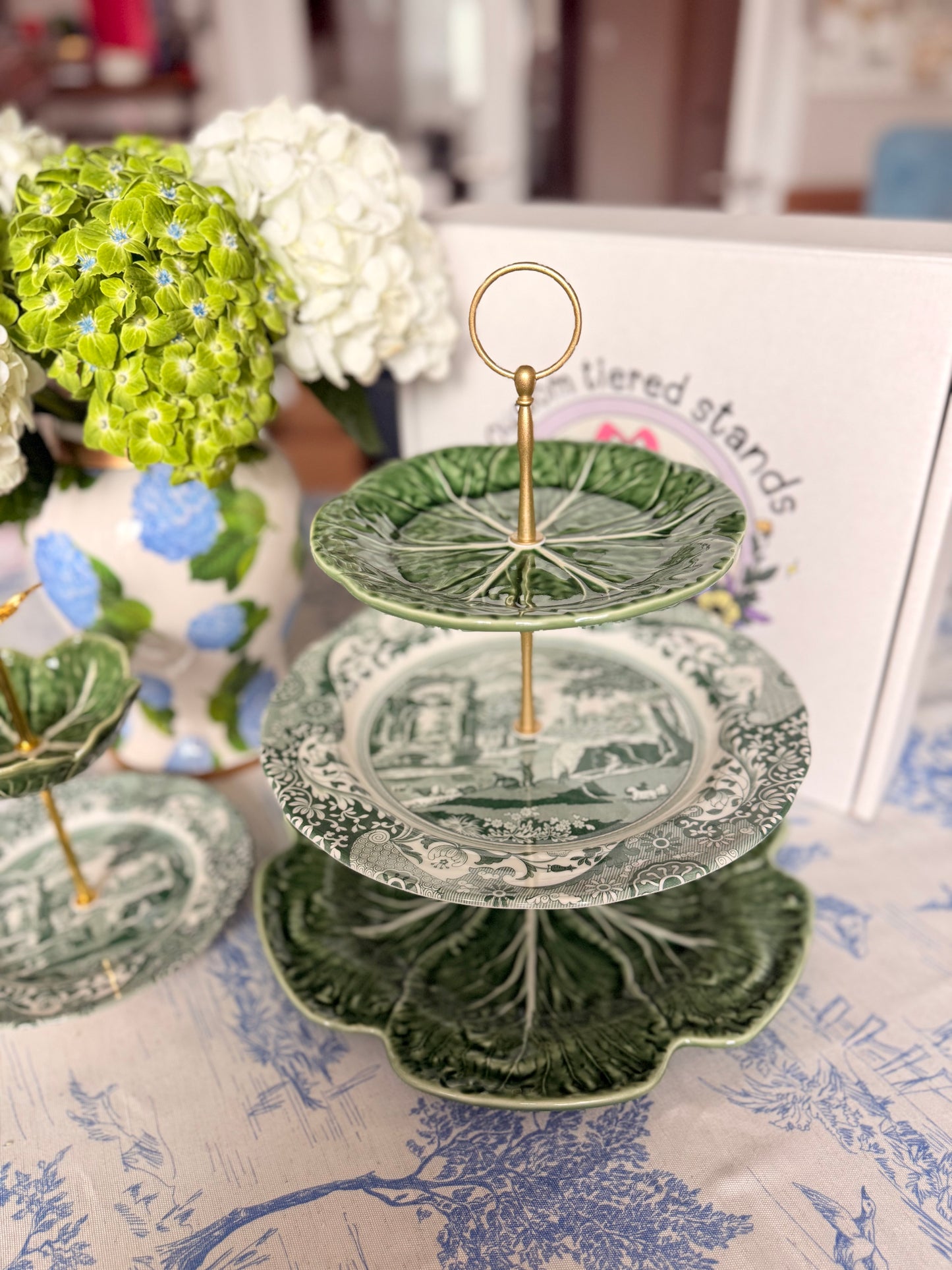 Spode Green Italian and Bordallo Cabbage Three Tiered Stand (12 inch b ...