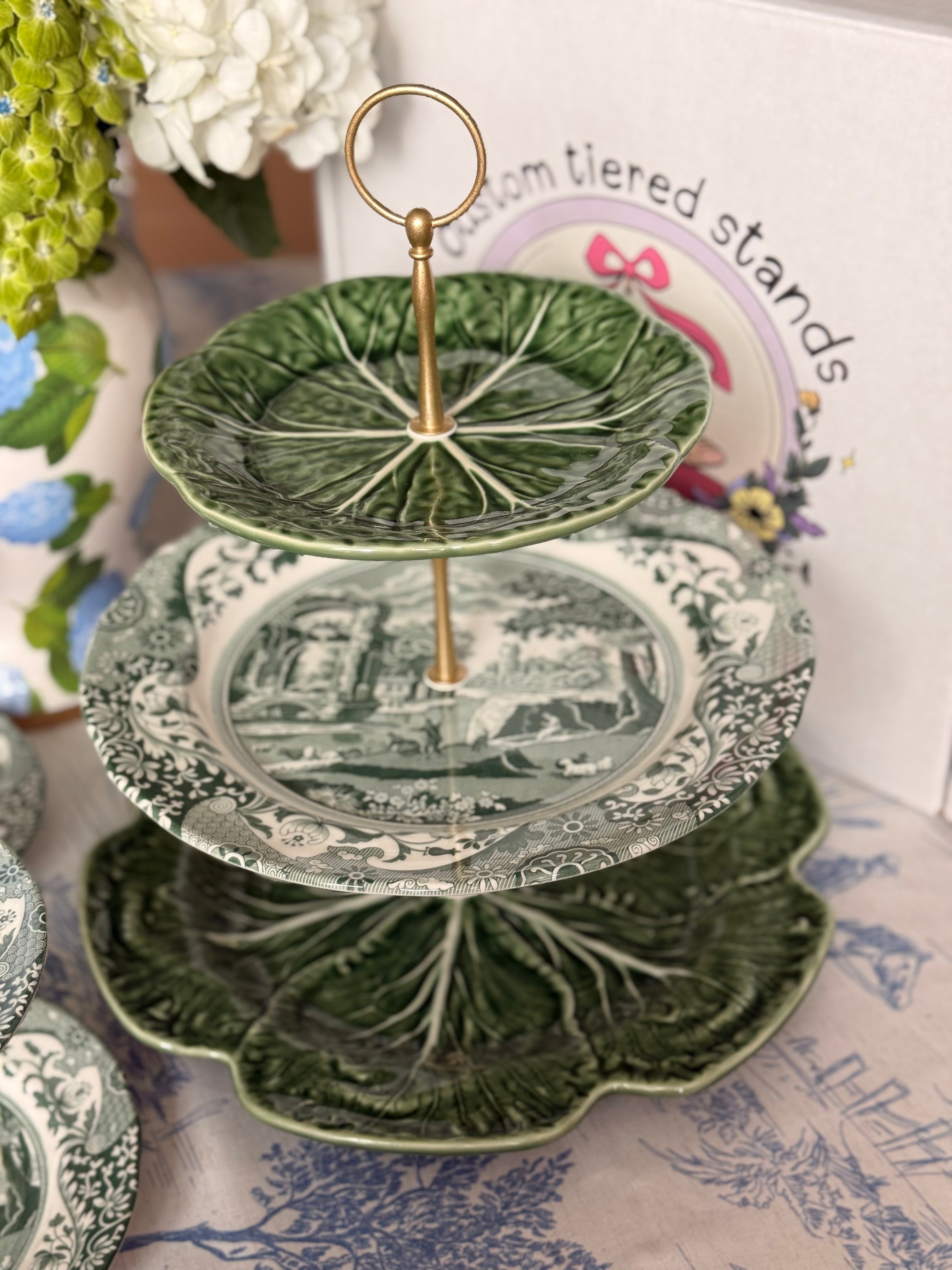 Spode Green Italian and Bordallo Cabbage Three Tiered Stand (12 inch b ...